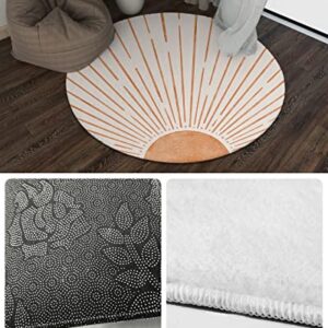 Soft Shag Round Area Rug Mid Century Terracotta Sun Lines Fluffy Circle Floor Carpet Rugs Modern Minimal Art Shaggy Plush Circular Mat for Bedroom/Living Room/Nursery