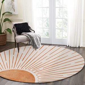 Soft Shag Round Area Rug Mid Century Terracotta Sun Lines Fluffy Circle Floor Carpet Rugs Modern Minimal Art Shaggy Plush Circular Mat for Bedroom/Living Room/Nursery