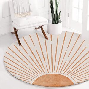 Soft Shag Round Area Rug Mid Century Terracotta Sun Lines Fluffy Circle Floor Carpet Rugs Modern Minimal Art Shaggy Plush Circular Mat for Bedroom/Living Room/Nursery