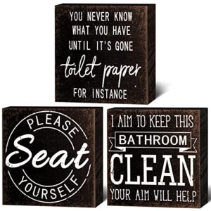 3 pcs funny bathroom signs farmhouse restroom decor accessories rustic wood bathroom decorations black and white bathroom decor wall art shelf toilet decor wooden box signs for home (elegant style)