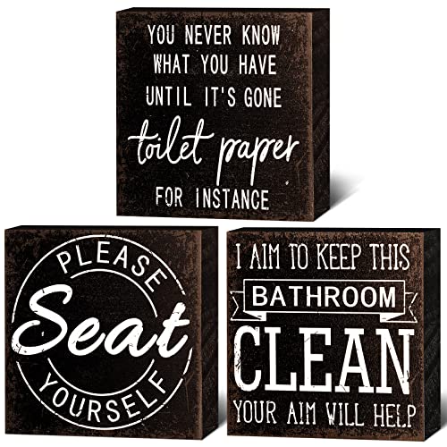 3 Pcs Funny Bathroom Signs Farmhouse Restroom Decor Accessories Rustic Wood Bathroom Decorations Black and White Bathroom Decor Wall Art Shelf Toilet Decor Wooden Box Signs for Home (Elegant Style)