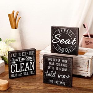 3 Pcs Funny Bathroom Signs Farmhouse Restroom Decor Accessories Rustic Wood Bathroom Decorations Black and White Bathroom Decor Wall Art Shelf Toilet Decor Wooden Box Signs for Home (Elegant Style)