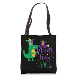 mardi gras y’all alligator mardi gras beads carnival mask tote bag