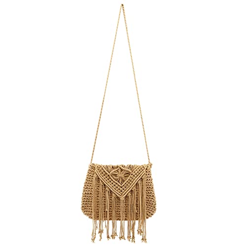 Ayliss Women Handwoven Crossbody Handbag Cotton Crochet Woven Shoulder Handbag Summer Beach Handmade Purse Bag Tassel (Light Khaki)