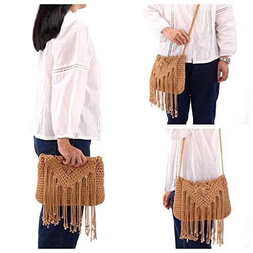 Ayliss Women Handwoven Crossbody Handbag Cotton Crochet Woven Shoulder Handbag Summer Beach Handmade Purse Bag Tassel (Light Khaki)