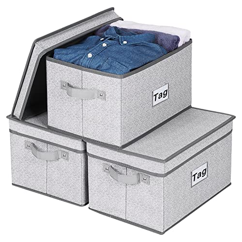 Kntiwiwo Fabric Storage Bins with Lids Cloth Storage Baskets for Closet Shelves Decorative Storage Boxes with Handles Labels Large Basket bin for Home Bedroom Office Gray 3-Pack