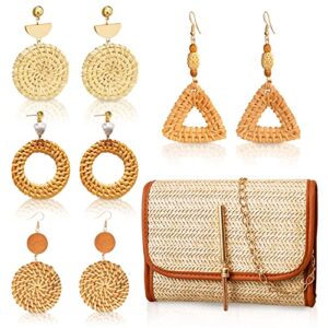 straw bag for women beach purse shoulder bag hand woven straw clutch summer crossbody bag with 4 pairs rattan earrings lightweight statement straw earrings