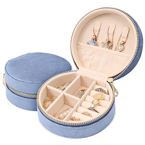 Velvet Jewelry Travel Case, Small Travel Jewelry Box, Portable Travel Jewelry Organizer Box for Earrings Bracelets Rings Necklace (blue), 2-layer