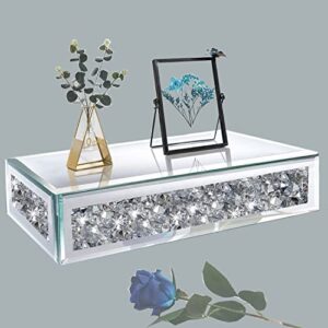 tacidon floating wall shelf mirrored .glamorous crushed diamond crystals wall rack.glass display ledge of trophy and photo frame. suitable for living room,bathroom,bedroom.(15”x6”x3”)