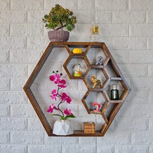 Luksyol Floating Wall Shelves Unique Design Bedroom Shelves, Honeycomb, Hexagon Shelf Wall Mounted, Kitchen Wall Shelves Handmade Wall Shelf for Bedroom from Natural Wood with 3 Cactus Pots