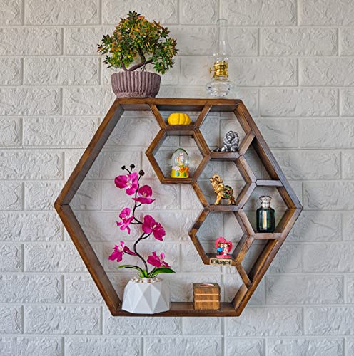 Luksyol Floating Wall Shelves Unique Design Bedroom Shelves, Honeycomb, Hexagon Shelf Wall Mounted, Kitchen Wall Shelves Handmade Wall Shelf for Bedroom from Natural Wood with 3 Cactus Pots