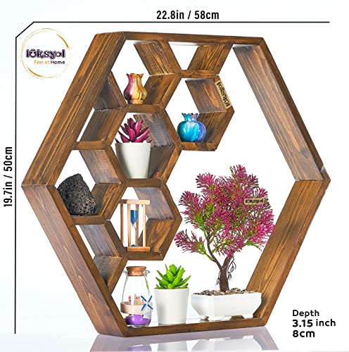 Luksyol Floating Wall Shelves Unique Design Bedroom Shelves, Honeycomb, Hexagon Shelf Wall Mounted, Kitchen Wall Shelves Handmade Wall Shelf for Bedroom from Natural Wood with 3 Cactus Pots