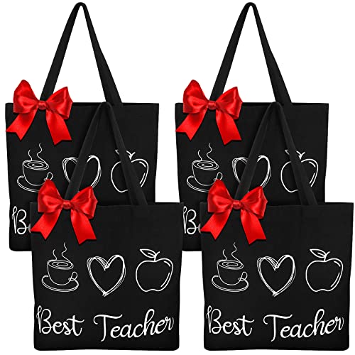 4 Pieces Black Canvas Bag for Teacher Tote Bags for Women Teacher Canvas Bags Teacher Bag with Red Bow Best Teacher Gifts for Women, Teacher's Day, Graduation, Back to School Travel Supplies Christmas