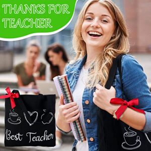 4 Pieces Black Canvas Bag for Teacher Tote Bags for Women Teacher Canvas Bags Teacher Bag with Red Bow Best Teacher Gifts for Women, Teacher's Day, Graduation, Back to School Travel Supplies Christmas