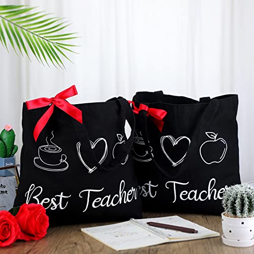 4 Pieces Black Canvas Bag for Teacher Tote Bags for Women Teacher Canvas Bags Teacher Bag with Red Bow Best Teacher Gifts for Women, Teacher's Day, Graduation, Back to School Travel Supplies Christmas