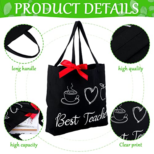 4 Pieces Black Canvas Bag for Teacher Tote Bags for Women Teacher Canvas Bags Teacher Bag with Red Bow Best Teacher Gifts for Women, Teacher's Day, Graduation, Back to School Travel Supplies Christmas