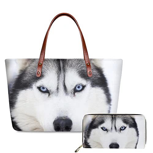 Dellukee Large Tote Bag Purse for Women Husky Print Casual Shoulder Bag Top Handle Bag 2Pcs Handbag Wallet Set