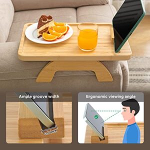 SINWANT Bamboo Sofa Tray Table Clip on Side Table for Wide Couches Arm, Foldable Couch Tray with 360° Rotating Phone Holder, Armrest Table for Eating/Drinks/Snacks/Remote/Control