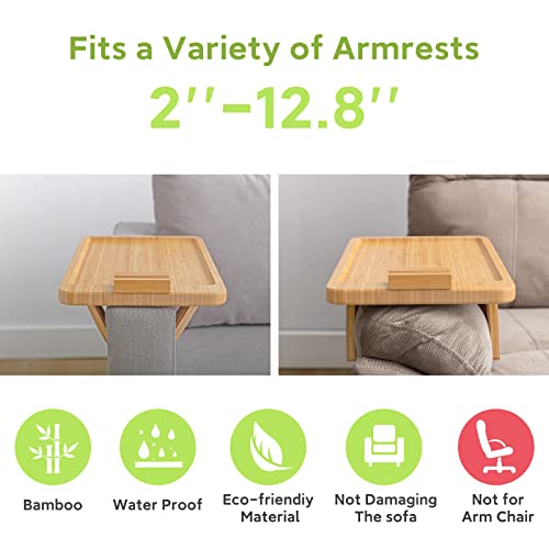 SINWANT Bamboo Sofa Tray Table Clip on Side Table for Wide Couches Arm, Foldable Couch Tray with 360° Rotating Phone Holder, Armrest Table for Eating/Drinks/Snacks/Remote/Control