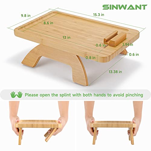 SINWANT Bamboo Sofa Tray Table Clip on Side Table for Wide Couches Arm, Foldable Couch Tray with 360° Rotating Phone Holder, Armrest Table for Eating/Drinks/Snacks/Remote/Control