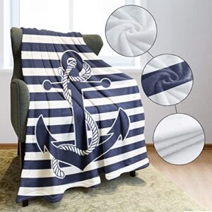 YISUMEI Navy Stripes Blanket Nautical Theme Anchor Throw Blanket Warm and Cosy for Bed Couch Office 60x80 Inches