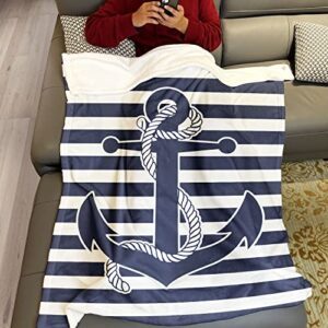 YISUMEI Navy Stripes Blanket Nautical Theme Anchor Throw Blanket Warm and Cosy for Bed Couch Office 60x80 Inches