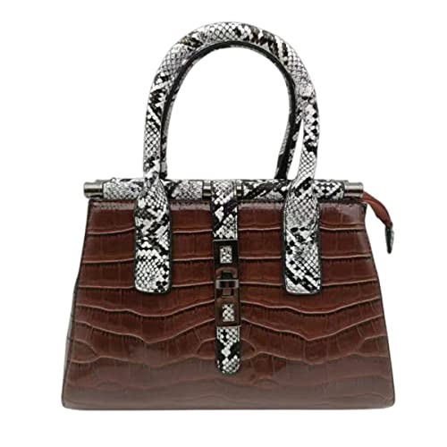 WIGUYUN Women Patent Faux Leather Satchel Handbag Crocodile Tote Purse Snakeskin Handle Shoulder Bag,Gift for Wife/Mom,Brown