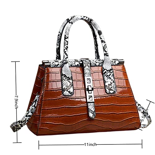 WIGUYUN Women Patent Faux Leather Satchel Handbag Crocodile Tote Purse Snakeskin Handle Shoulder Bag,Gift for Wife/Mom,Brown