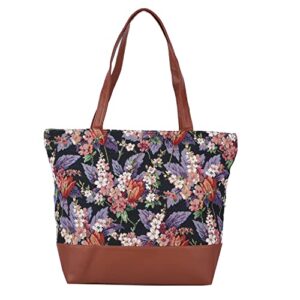 shop lc women gifts black flower pattern faux leather and jute tote bags with handle drop zipper closure fixed accessories