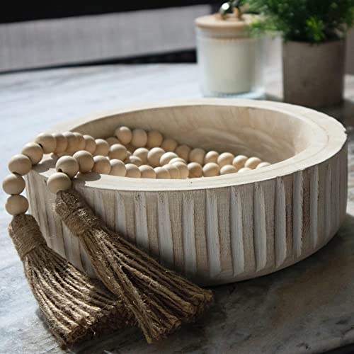 FJ Designs Decorative Bowl Set - Farmhouse Wooden Bowl, Beads Garland | Neutral Home Decor | Coffee Table Centerpiece | Key Bowl for Entryway | Boho | Rustic