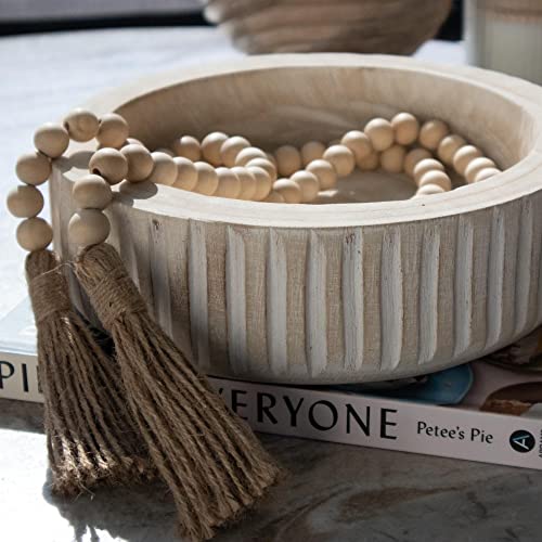 FJ Designs Decorative Bowl Set - Farmhouse Wooden Bowl, Beads Garland | Neutral Home Decor | Coffee Table Centerpiece | Key Bowl for Entryway | Boho | Rustic