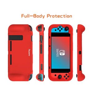 Teyomi Protective Silicone Case for Nintendo Switch, Grip Cover with Tempered Glass Screen Protector, 2 Storage Slots for Game Cards, Shock-Absorption & Anti-Scratch (Red)