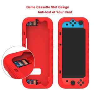 Teyomi Protective Silicone Case for Nintendo Switch, Grip Cover with Tempered Glass Screen Protector, 2 Storage Slots for Game Cards, Shock-Absorption & Anti-Scratch (Red)