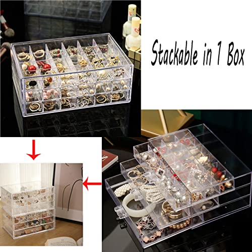 CLUQMEIK Earring Organizer Box Clear Storage Acrylic for Earrings Necklace Organizer Jewelry Box with 72 Grids Storage Compartments Transparent Ring Clear Jewelry Organizer