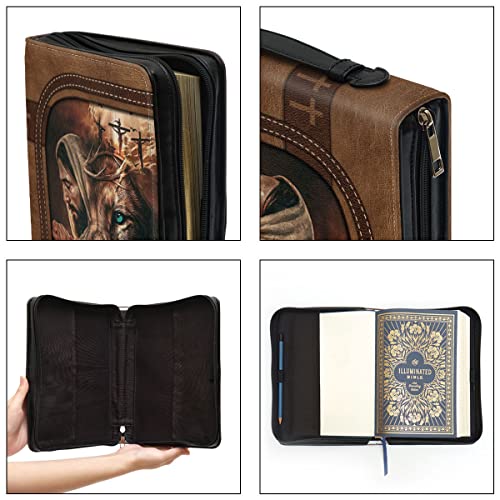 Jesuspirit Personalized Zippered Leather Bible Cover with Handle Large Size - Lion & Jesus Customized Bible Carrying Case - His Life Saved My Life - Perfect Gift for Pastors, Apostle, Church Members