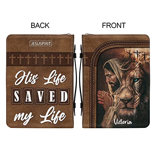 Jesuspirit Personalized Zippered Leather Bible Cover with Handle Large Size - Lion & Jesus Customized Bible Carrying Case - His Life Saved My Life - Perfect Gift for Pastors, Apostle, Church Members