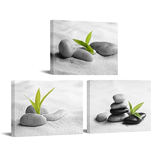 Biuteawal 3 Piece Zen Canvas Wall Art for Bathroom Decor Zen Stone with Green Plant Picture Print Peaceful Still Life Artwork Painting Modern Home Bedroom Meditation Room Spa Room Decoration