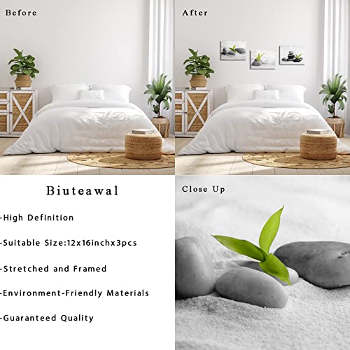 Biuteawal 3 Piece Zen Canvas Wall Art for Bathroom Decor Zen Stone with Green Plant Picture Print Peaceful Still Life Artwork Painting Modern Home Bedroom Meditation Room Spa Room Decoration