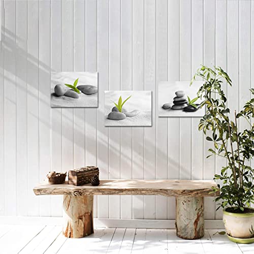 Biuteawal 3 Piece Zen Canvas Wall Art for Bathroom Decor Zen Stone with Green Plant Picture Print Peaceful Still Life Artwork Painting Modern Home Bedroom Meditation Room Spa Room Decoration