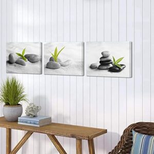 Biuteawal 3 Piece Zen Canvas Wall Art for Bathroom Decor Zen Stone with Green Plant Picture Print Peaceful Still Life Artwork Painting Modern Home Bedroom Meditation Room Spa Room Decoration