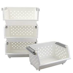 Yesdate 4-Pack Plastic Stackable Storage Basket Organizer, Multi-functional Stacking Basket Bins, White