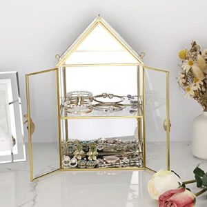 ELLDOO 2 Tier Clear Glass Storage Box, Gold Mirrored Jewelry Makeup Display Organizer Case, Decorative Tower box Storage for Trinket Perfume Lipstick Figure Statue Toy Display, House Shape