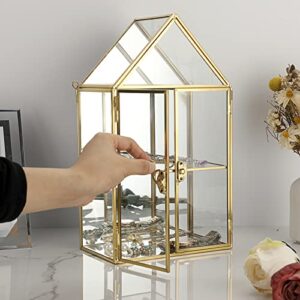 ELLDOO 2 Tier Clear Glass Storage Box, Gold Mirrored Jewelry Makeup Display Organizer Case, Decorative Tower box Storage for Trinket Perfume Lipstick Figure Statue Toy Display, House Shape