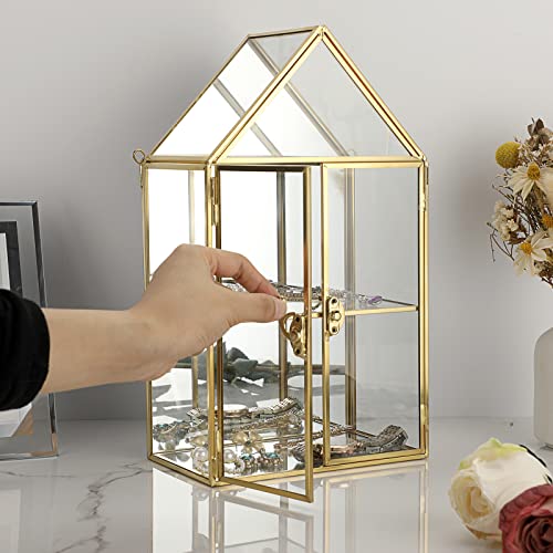 ELLDOO 2 Tier Clear Glass Storage Box, Gold Mirrored Jewelry Makeup Display Organizer Case, Decorative Tower box Storage for Trinket Perfume Lipstick Figure Statue Toy Display, House Shape