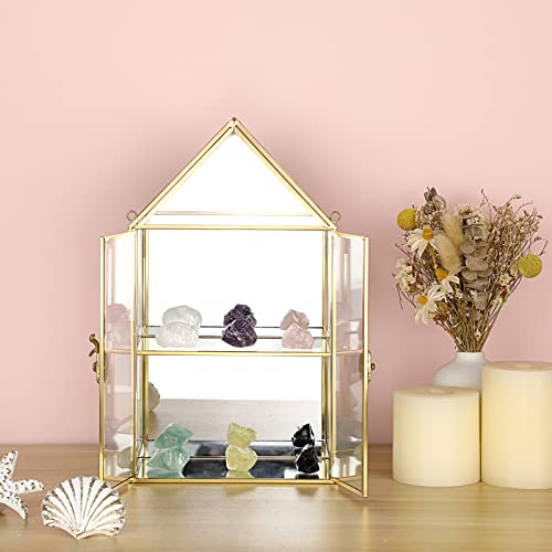 ELLDOO 2 Tier Clear Glass Storage Box, Gold Mirrored Jewelry Makeup Display Organizer Case, Decorative Tower box Storage for Trinket Perfume Lipstick Figure Statue Toy Display, House Shape