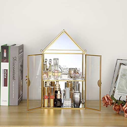 ELLDOO 2 Tier Clear Glass Storage Box, Gold Mirrored Jewelry Makeup Display Organizer Case, Decorative Tower box Storage for Trinket Perfume Lipstick Figure Statue Toy Display, House Shape