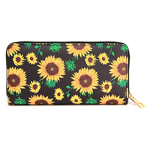 SM FASHION SM Women Sunflower | Tie dye PU Long Wallet with Zipper Closure Card Slots Zippered Coin Pouch (Sunflower - Black) SMLOA