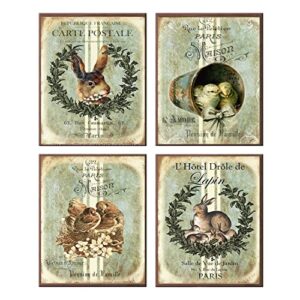 vintage french hotel bunny spring wall art decor (set of four) paris decoration prints