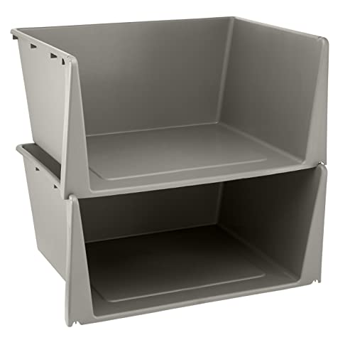 Organize Your Home Stackable Storage Containers with Open Front, 2 Pack, Great Organizing Bins for Pantry, Closet, Bedroom, and all Storage, Grey, 19.8” x 15.2” x 9.3”