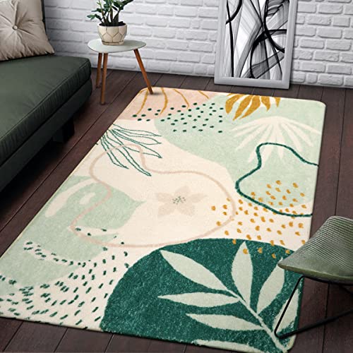 Lahome Green Washable Area Rug - 3x5 Botanical Print Small Rug Modern Abstract Non-Slip Minimalist Art Area Rug Accent Distressed Throw Rugs Floor Carpet for Living Room Bedroom Entryway Rug